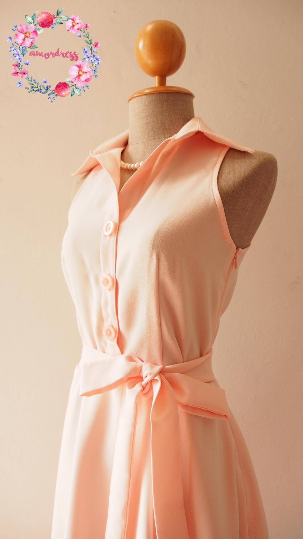 Light Peach Bridesmaid Dress, Peach Summer Dress, Peach Shirt Dress ...