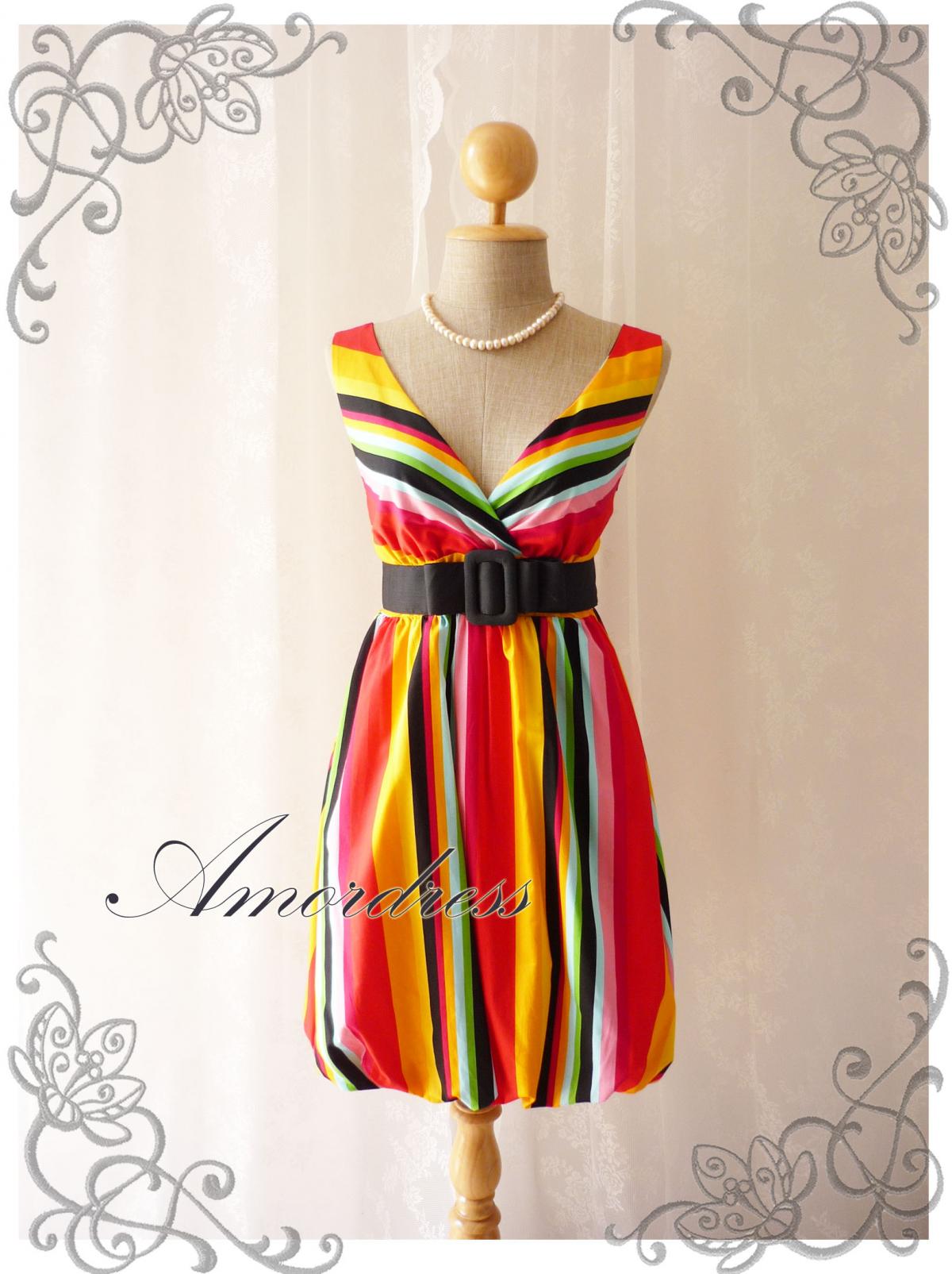 Rainbow Bright- Colorful Summer Dress Stripe Dress Party Popping Tea ...
