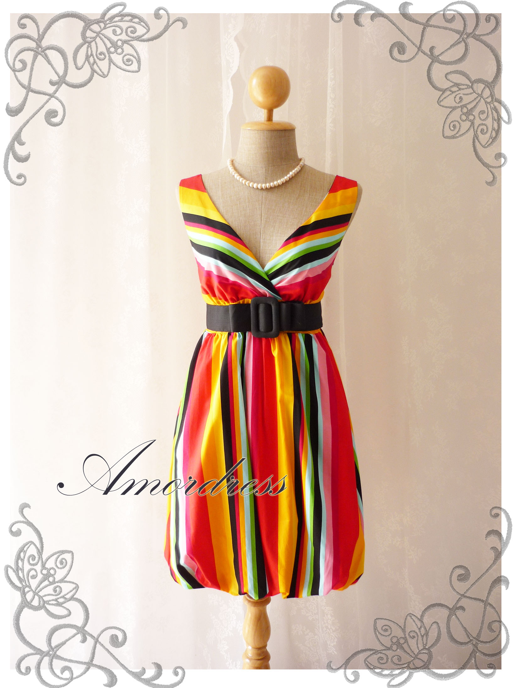 Rainbow Bright- Colorful Summer Dress Stripe Dress Party Popping Tea ...