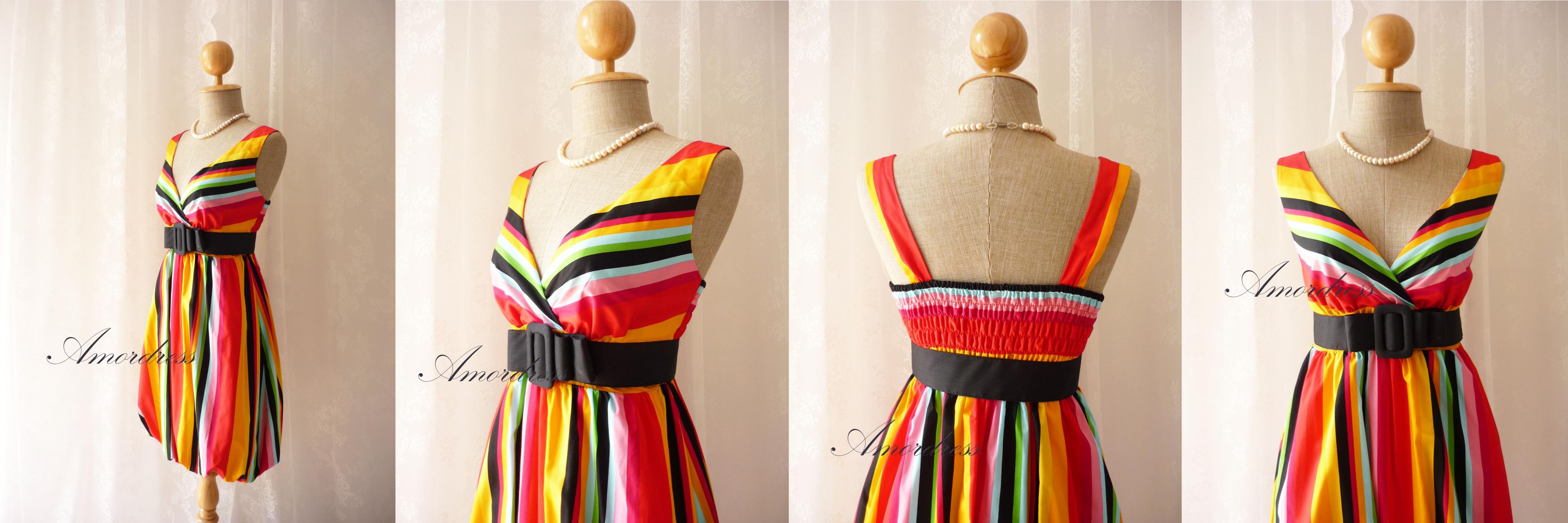 Rainbow Bright- Colorful Summer Dress Stripe Dress Party Popping Tea ...
